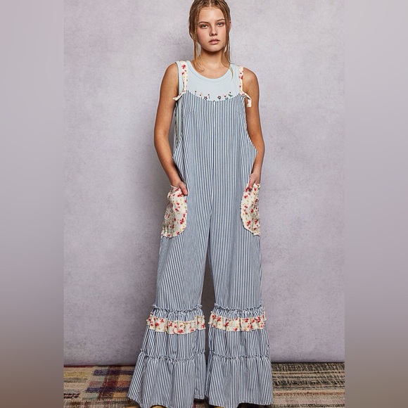 POL | Pants & Jumpsuits | Pol Nwt Overalls Blue Striped Denim Floral ...